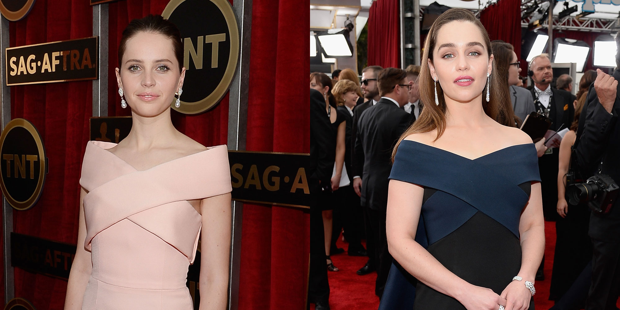 Felicity Jones and Emilia Clarke Had a Red Carpet Twin Moment